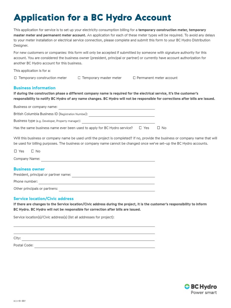 Application For A BC Hydro Account: Business Information | PDF | Mail ...