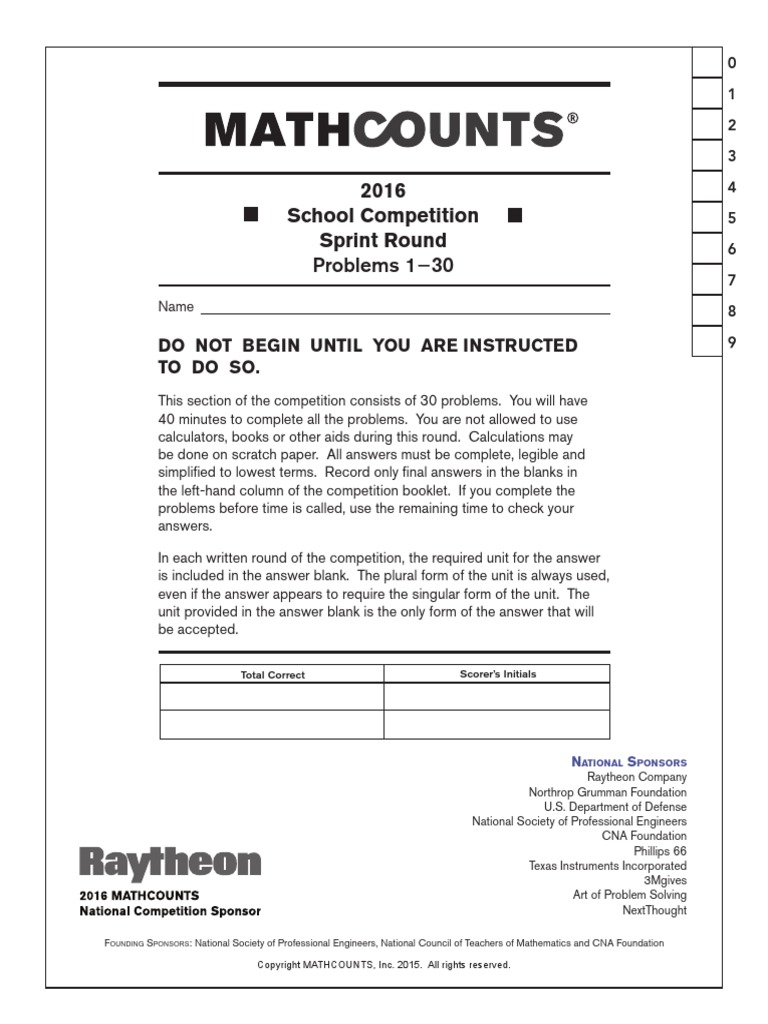 Mathcounts 2015-16 School Level - Sprint Round | PDF | Mathematics