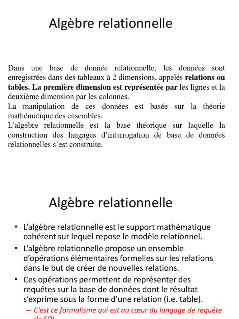 Cours8 - Algèbre Relationnelle | PDF | Base de données relationnelle | Informatique