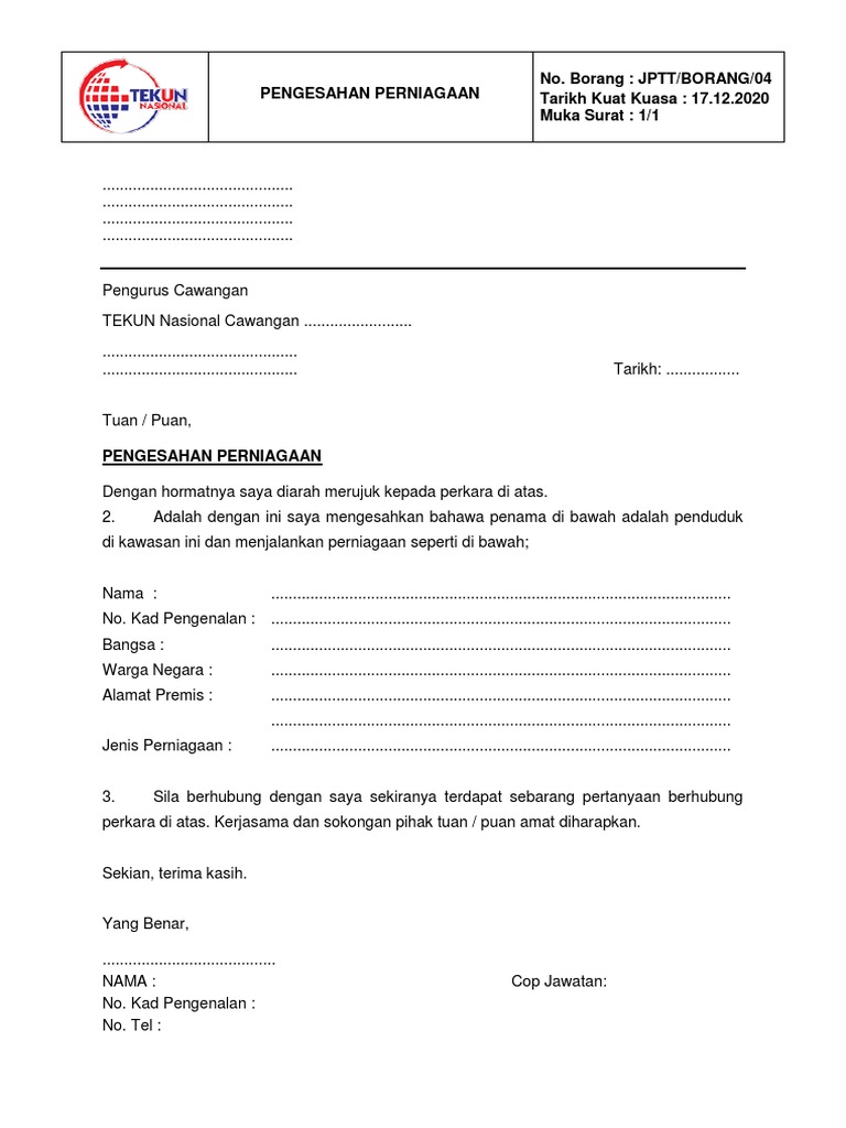 Jptt Borang 04 Surat Pengesahan Perniagaan 1 Pdf