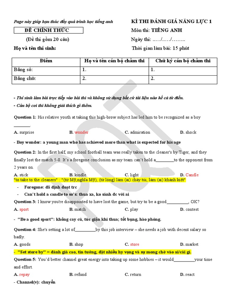 English Language Proficiency Exam with 20 Multiple Choice Questions ...