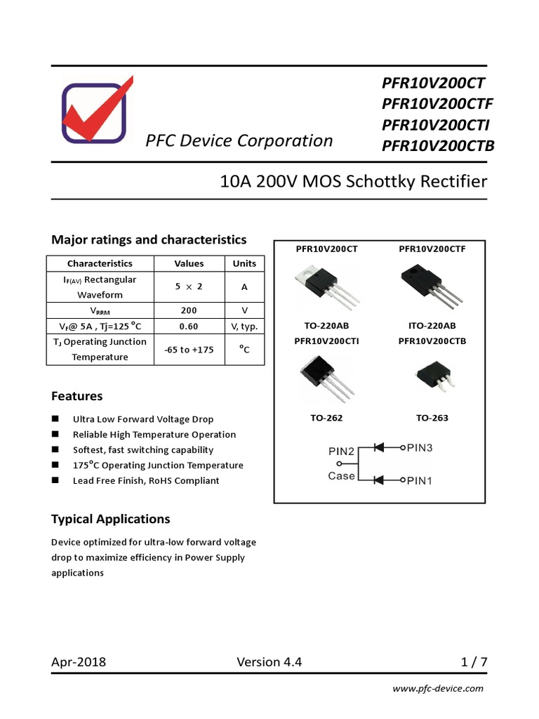 PFC Device Corporation: 10A 200V MOS Schottky Rectifier | PDF | Rectifier | Amplifier