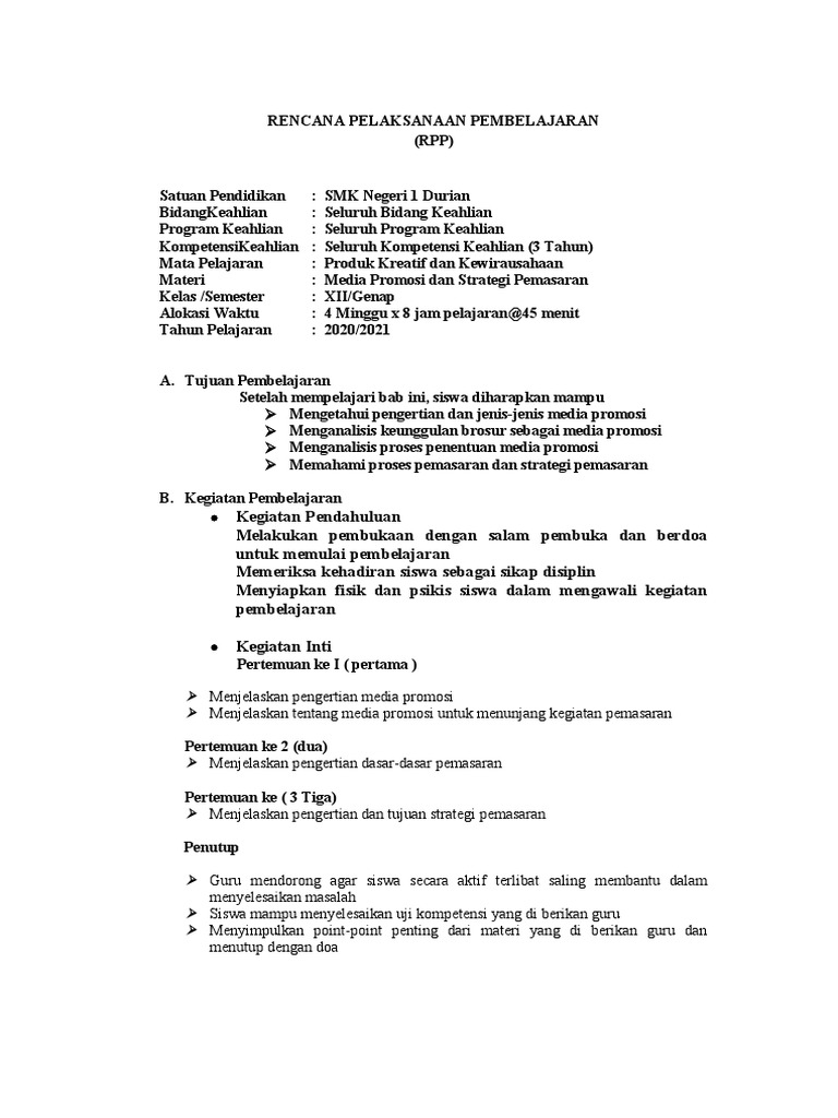 RPP Produk Kreatif Dan Kewirausahaan Kelas XII Semester 2 SMK Kurikulum ...