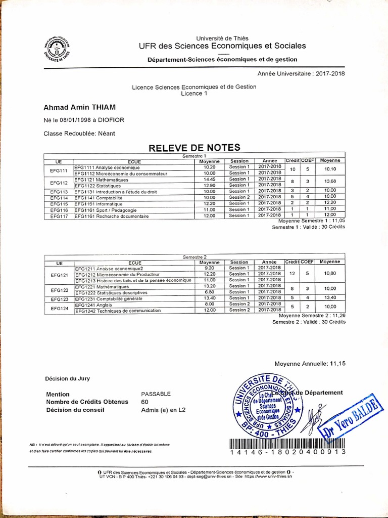 Relevé de Notes L1 - Copie | PDF