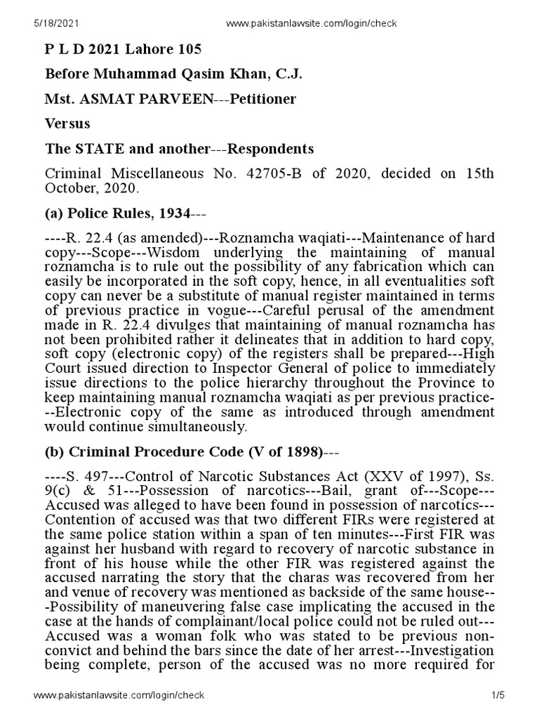 PLD 2021 Lahore 105 (Amended 22.4 PR) | PDF | Bail | Police