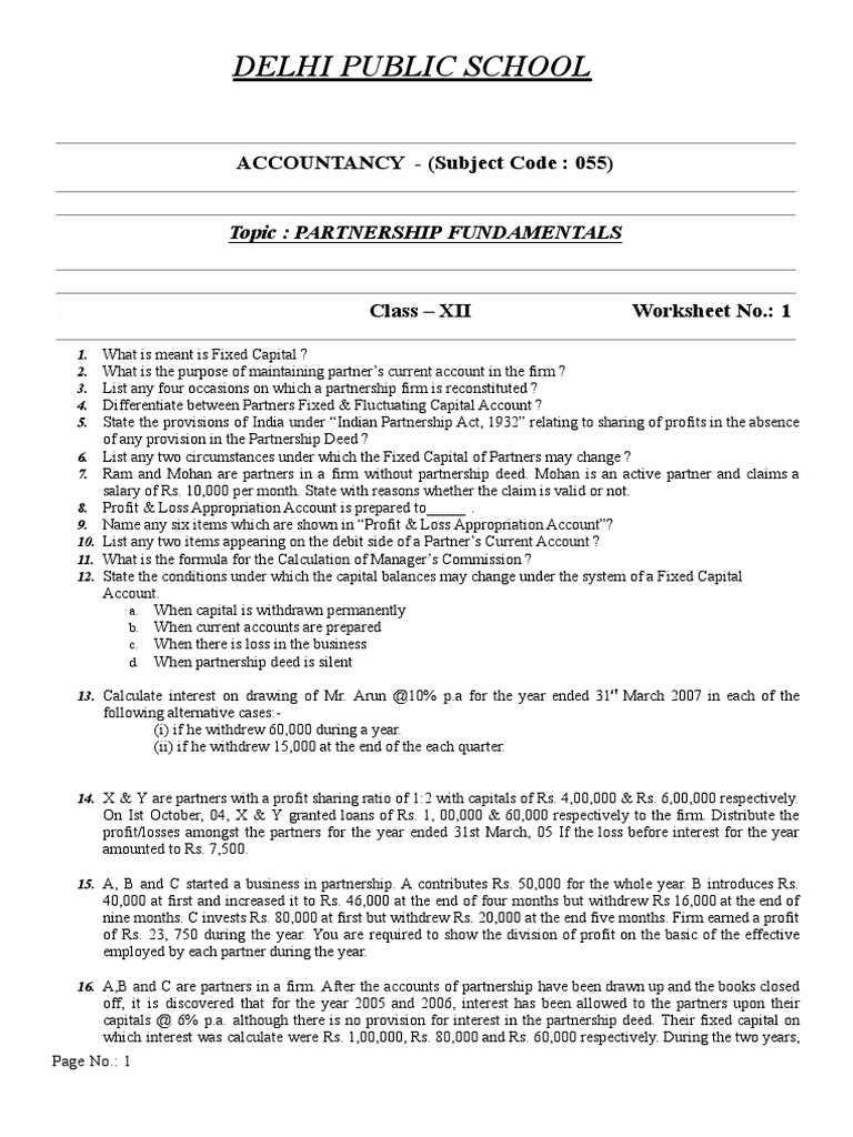 Partnership Fundamentals Worksheet Class 12 | PDF | Interest | Partnership