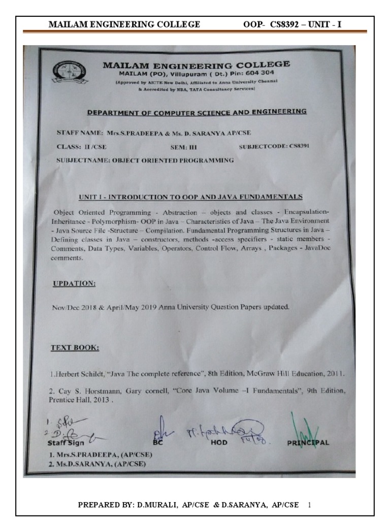 Mailam Engineering College Oop-Cs8392 - Unit - I | PDF | Method (Computer Programming) | Class ...
