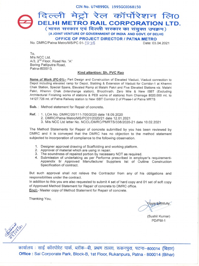 Approved Method Statement For Repair of Concrete | PDF