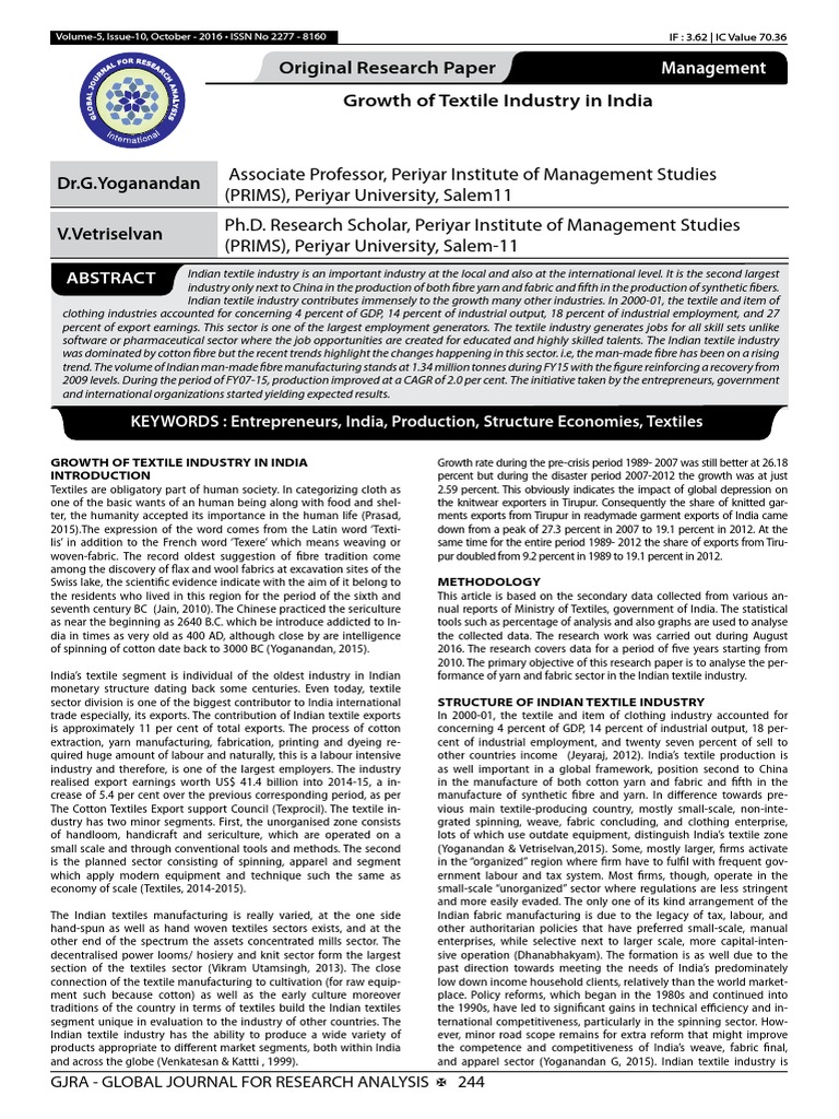 Commerce: Original Research Paper Growth of Textile Industry in India ...