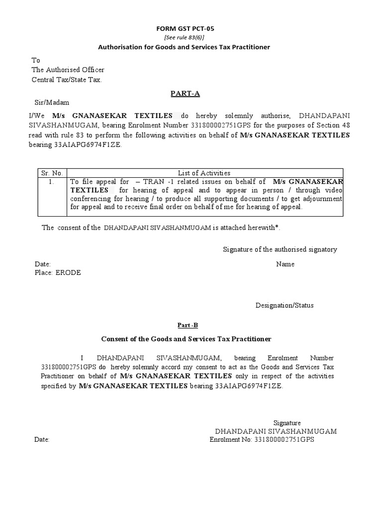 Form GST Pct-05 Authorisation For Goods and Services Tax Practitioner | PDF
