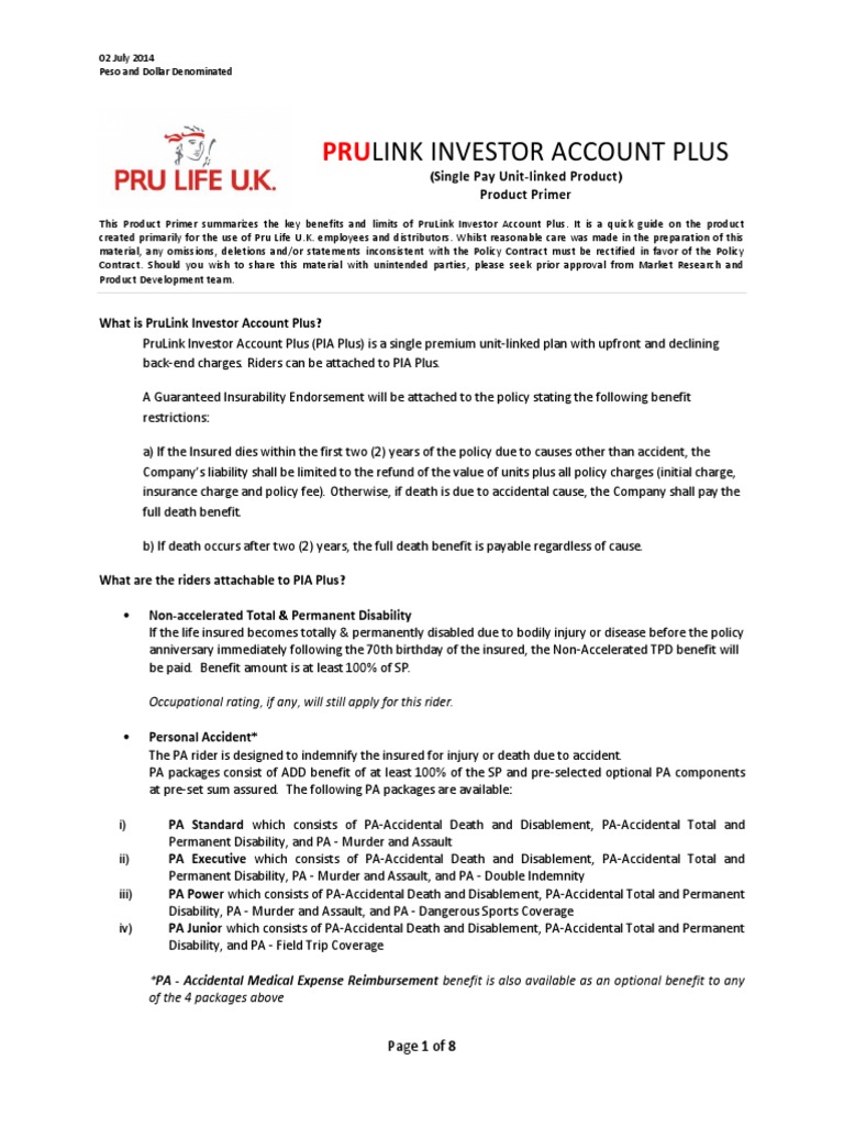 Product Primer Piaplus | PDF | Securities (Finance) | Insurance