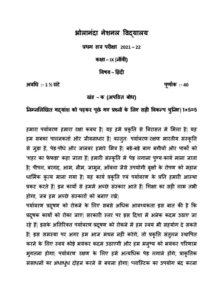 Term 1 Hindi Examination Sheet | PDF
