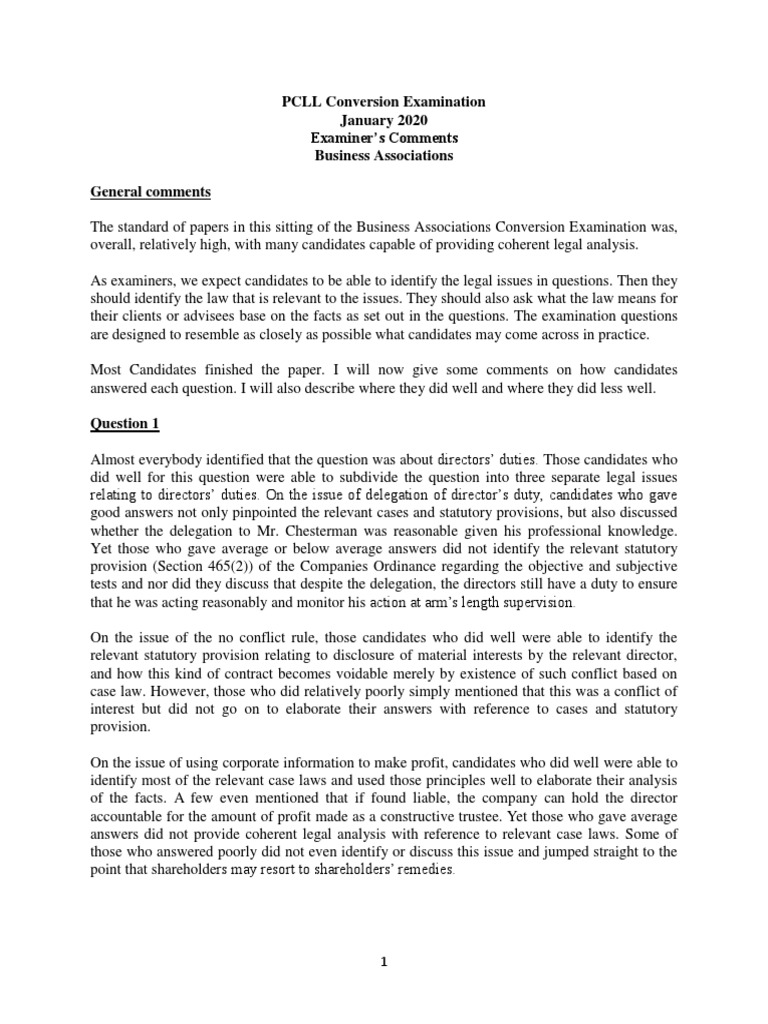 PCLL Conversion Examination January 2020 Examiner's Comments Business ...