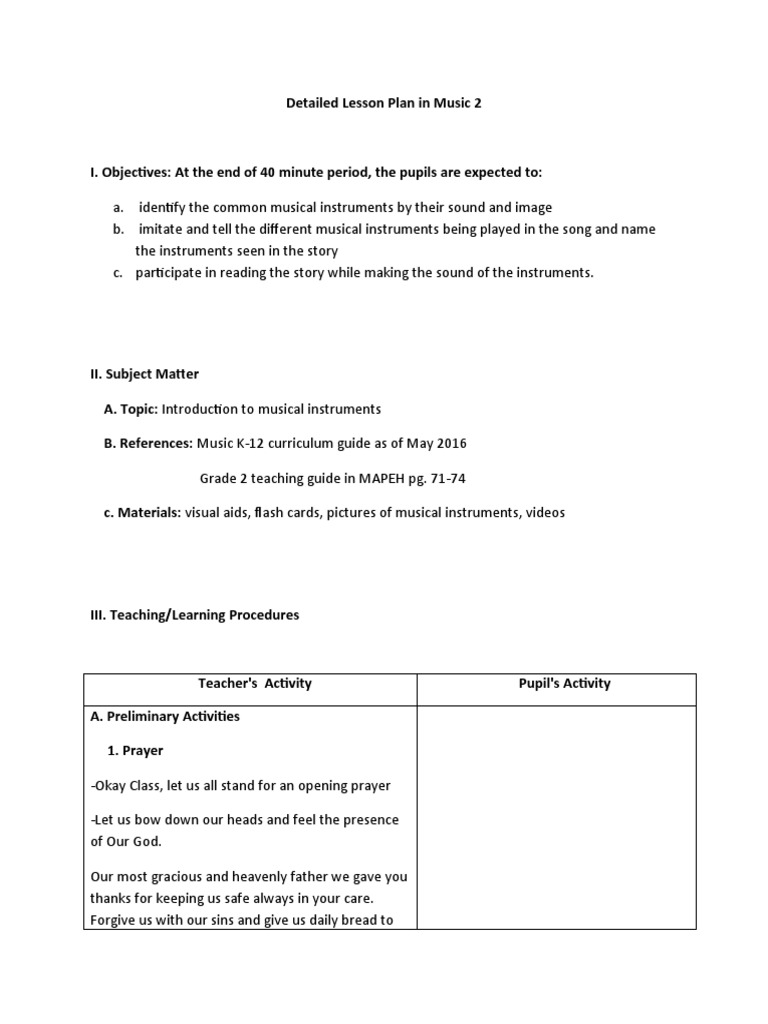 Detailed Lesson Plan in Music 2 | PDF | Lesson Plan | Prayer