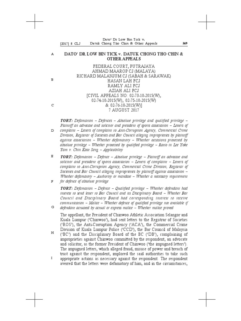 DR Low Bin Tick V Datuk Chong Tho Chin & Other Appeals | PDF ...