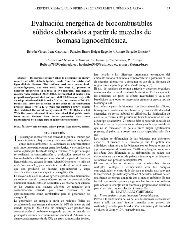 Evaluación energética de biocombustibles sólidos elaborados a partir de mezclas de biomasa ...