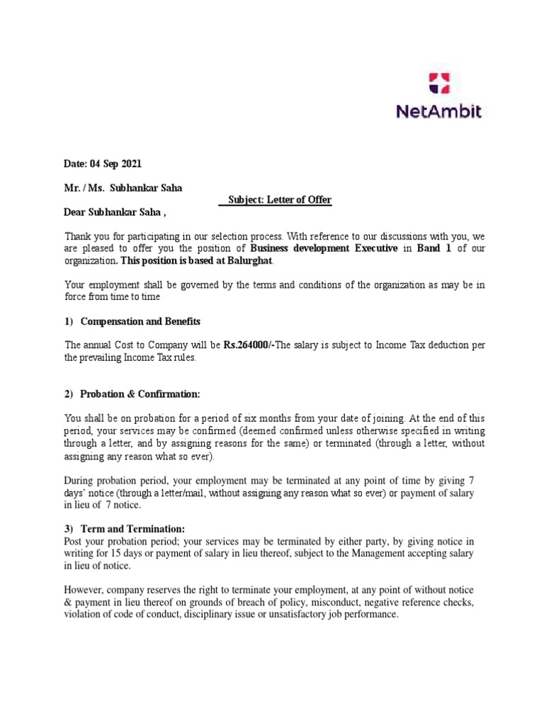 Offer Letter - Subhankar Saha | PDF | Identity Document | Government