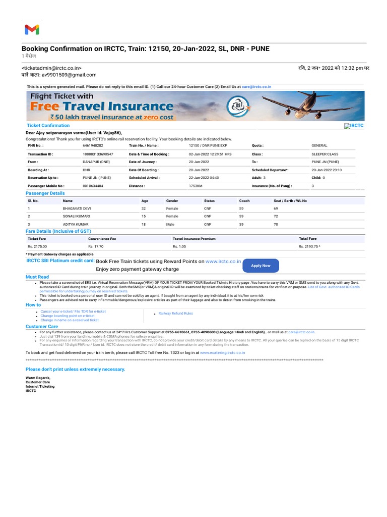 Gmail - Booking Confirmation On IRCTC, Train - 12150, 20-Jan-2022, SL, DNR - PUNE | PDF | Credit ...