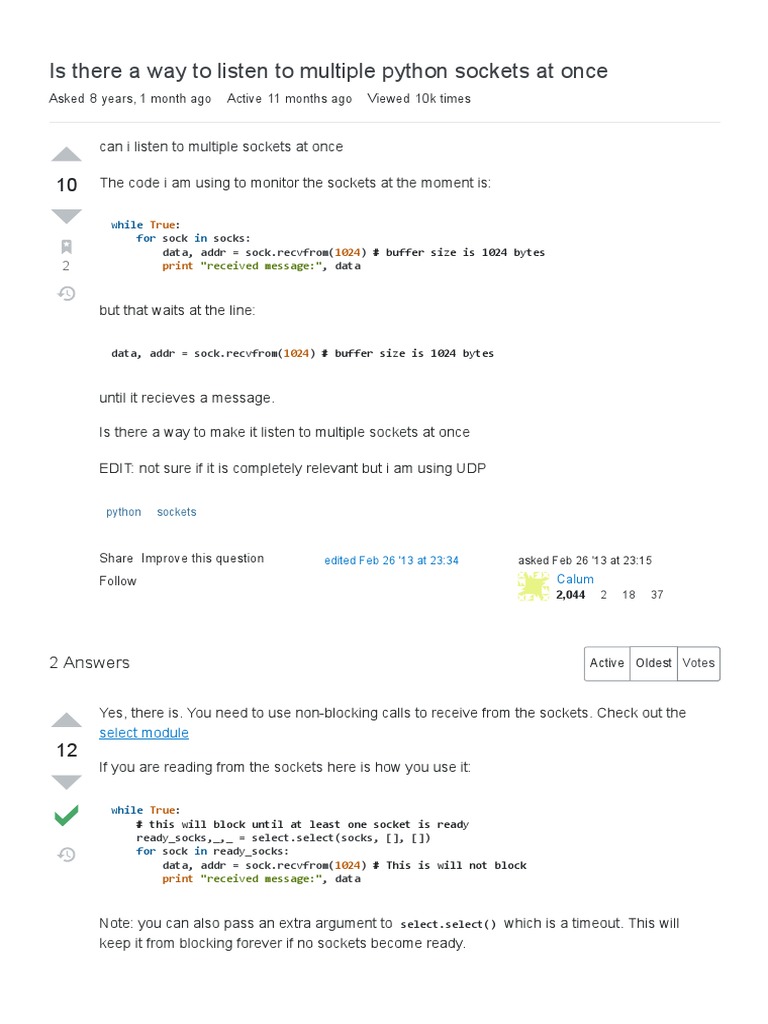 Is There A Way To Listen To Multiple Python Sockets at Once - Stack Overflow | PDF | Python ...