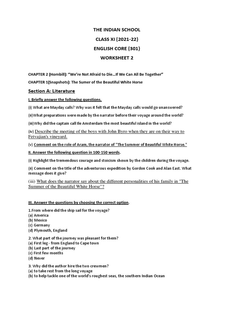 The Indian School CLASS XI (2021-22) English Core (301) Worksheet 2 ...