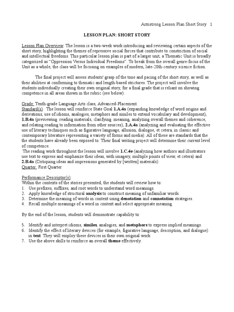 Short Story Lesson Plan on Oppression | PDF | Homework | Syntax