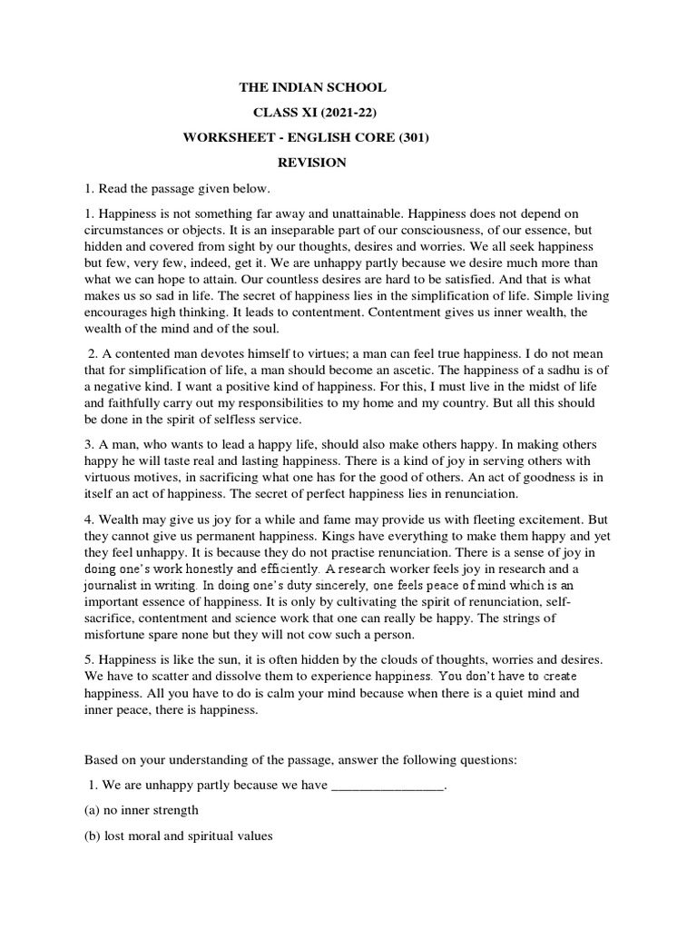 CLASS XI (2021-22) Worksheet - English Core (301) Revision | PDF ...