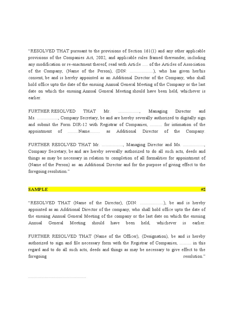 Regularization of Additional Director Appointment: Board Resolutions ...