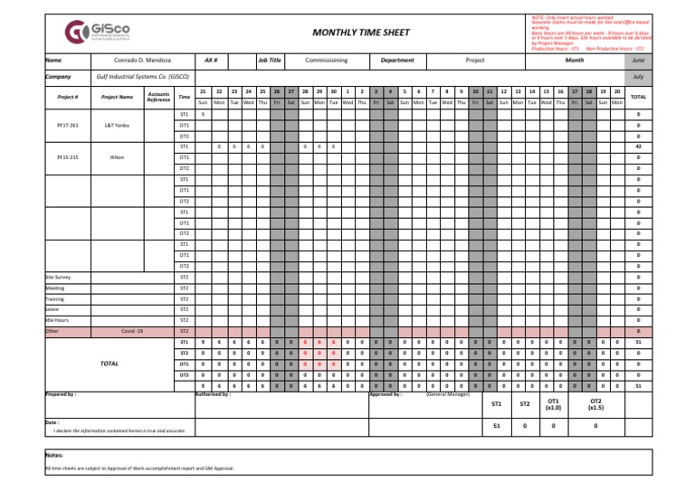 Timesheet June - July 2020 - Conrado Mendoza | PDF