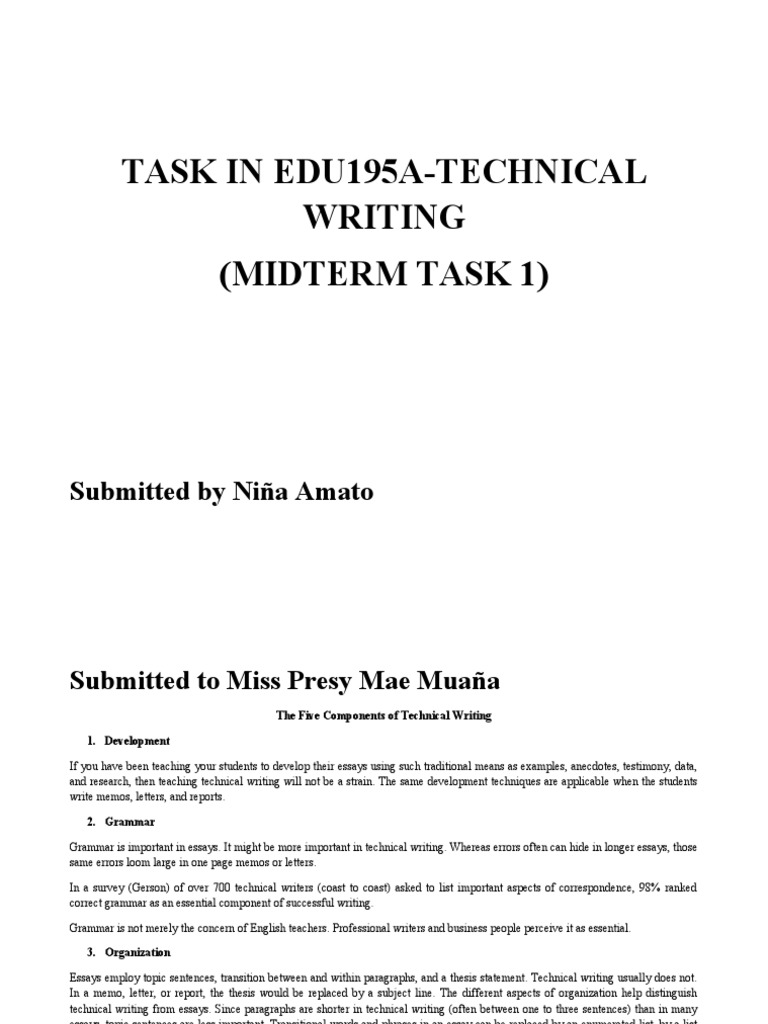 Task in Edu195A-Technical Writing (Midterm Task 1) : Submitted by Niña Amato | PDF | Essays ...