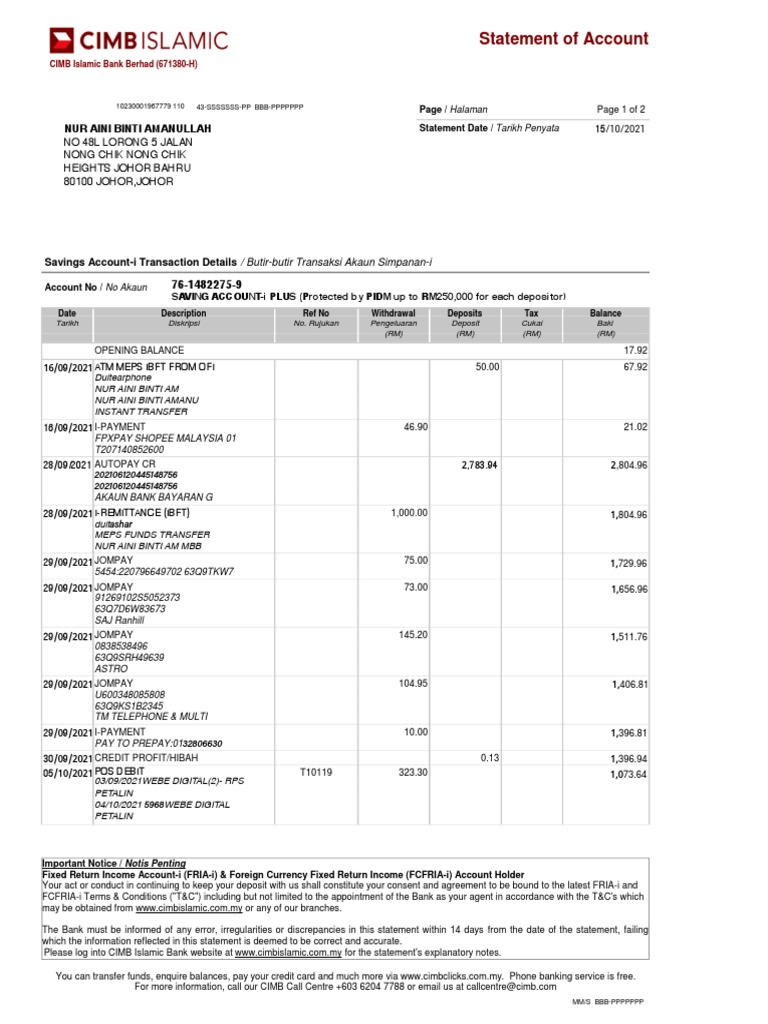 Statement of Account: No 48L Lorong 5 Jalan Nong Chik Nong Chik Heights ...