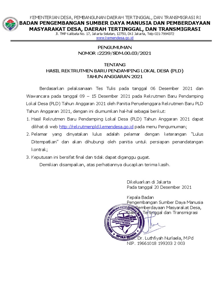 Pengumuman Hasil Rekrutmen PLD | PDF