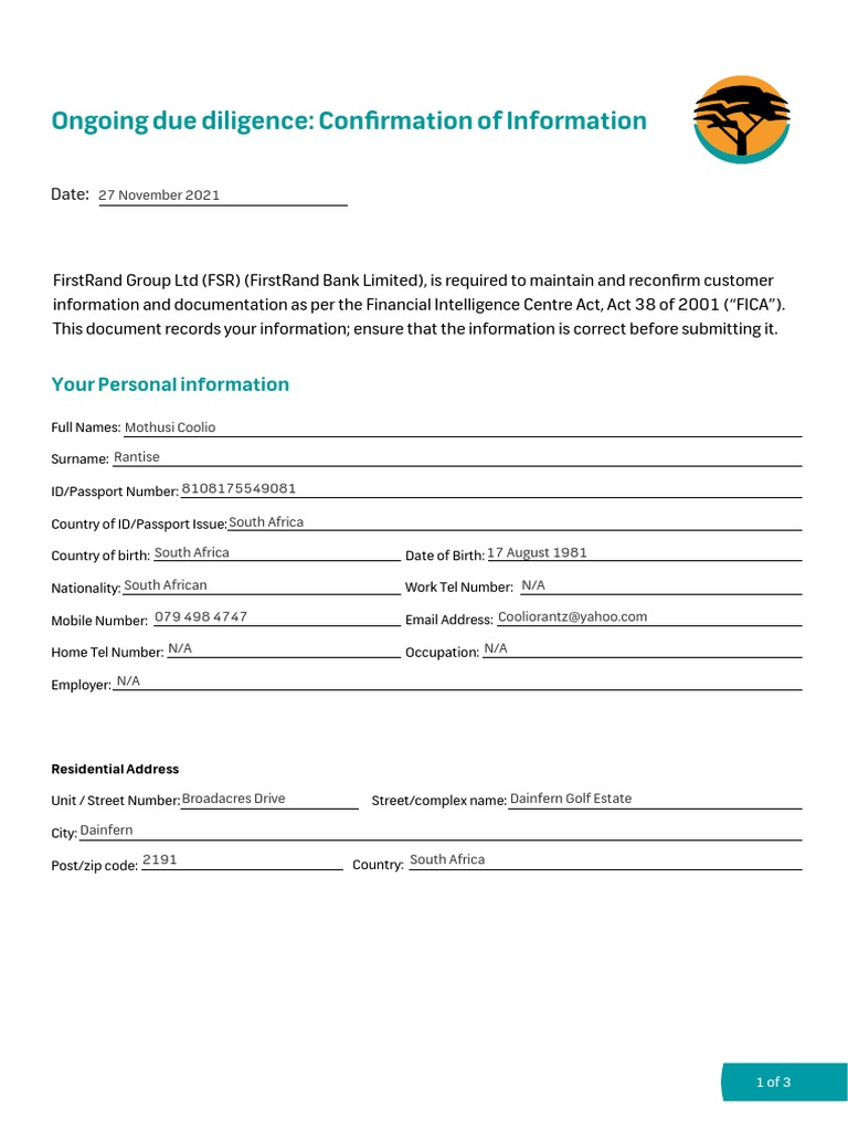FNB Individual - Confirmation - of - Information 2 | PDF | Economies ...