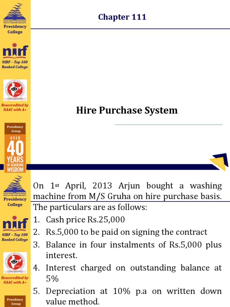 Hire Purchase System: Presidency College | PDF | Interest | Depreciation