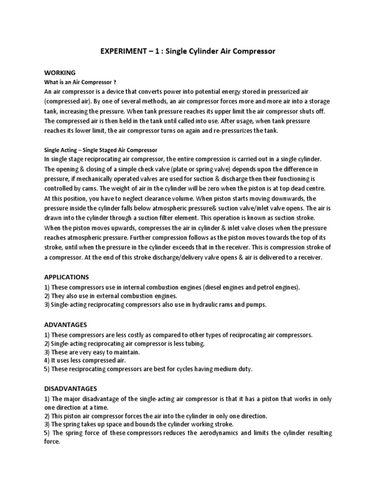 EXPERIMENT - 1: Single Cylinder Air Compressor: Working | PDF | Piston ...