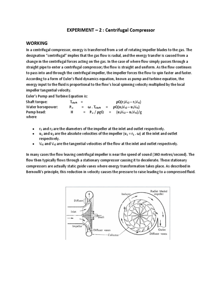 EXPERIMENT - 2: Centrifugal Compressor Working: Shaft 2 t2 1 t1 W Shaft ...