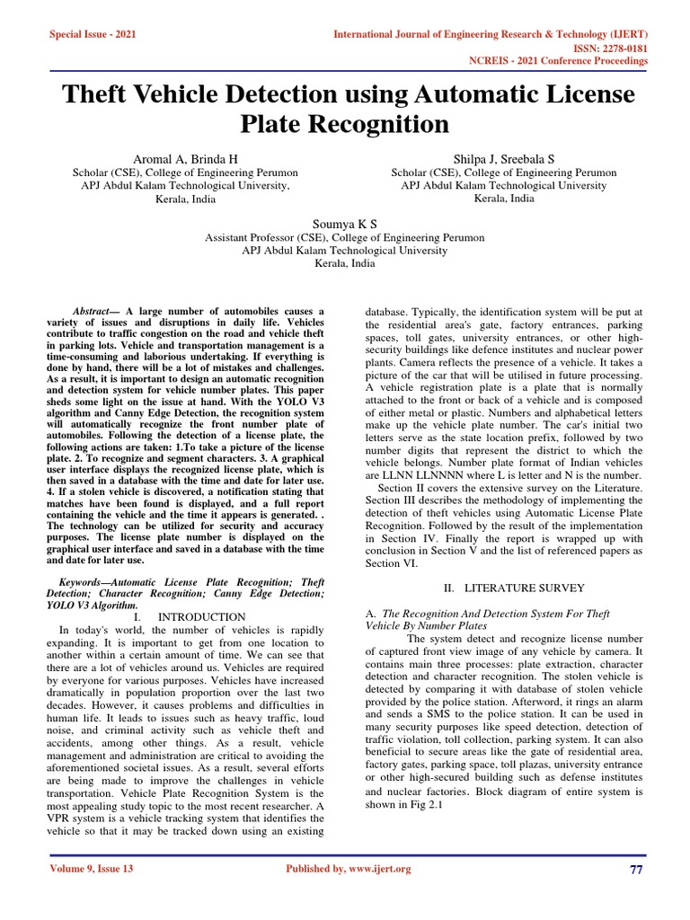 Theft Vehicle Detection Using Automatic License: Plate Recognition ...
