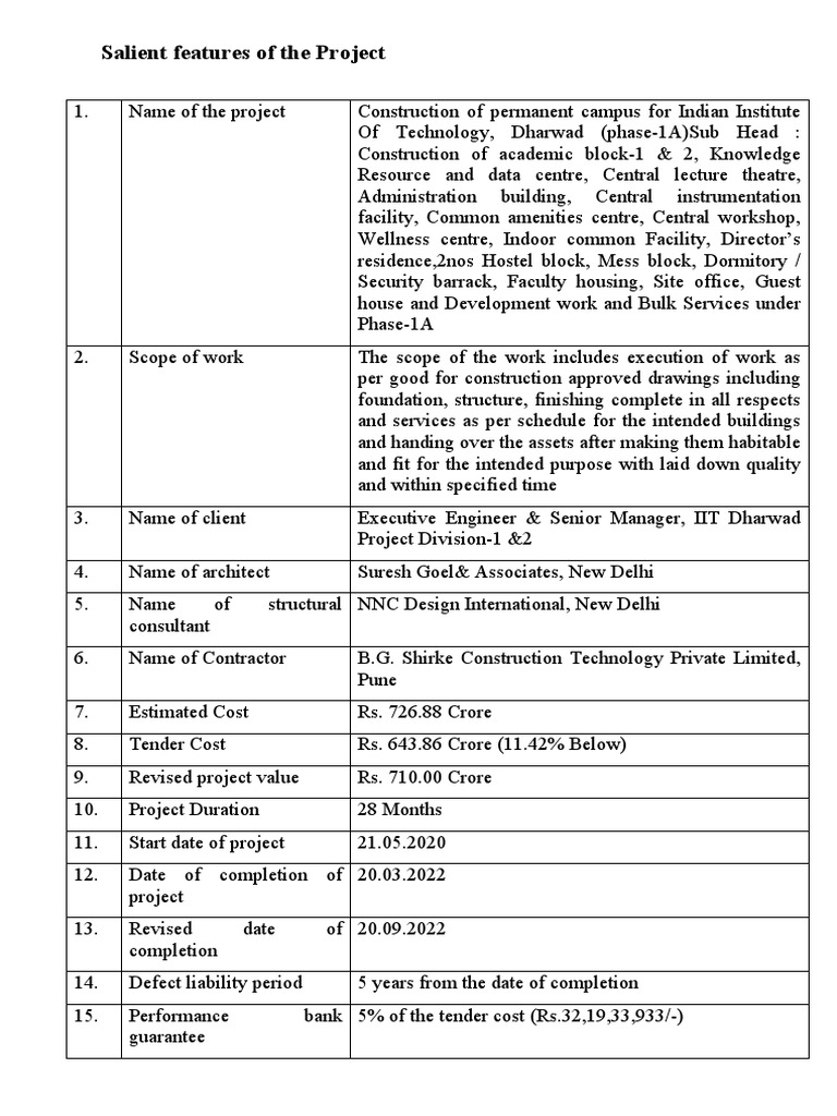 Salient Features of IIT Dharwad Project | PDF | Concrete | Cement