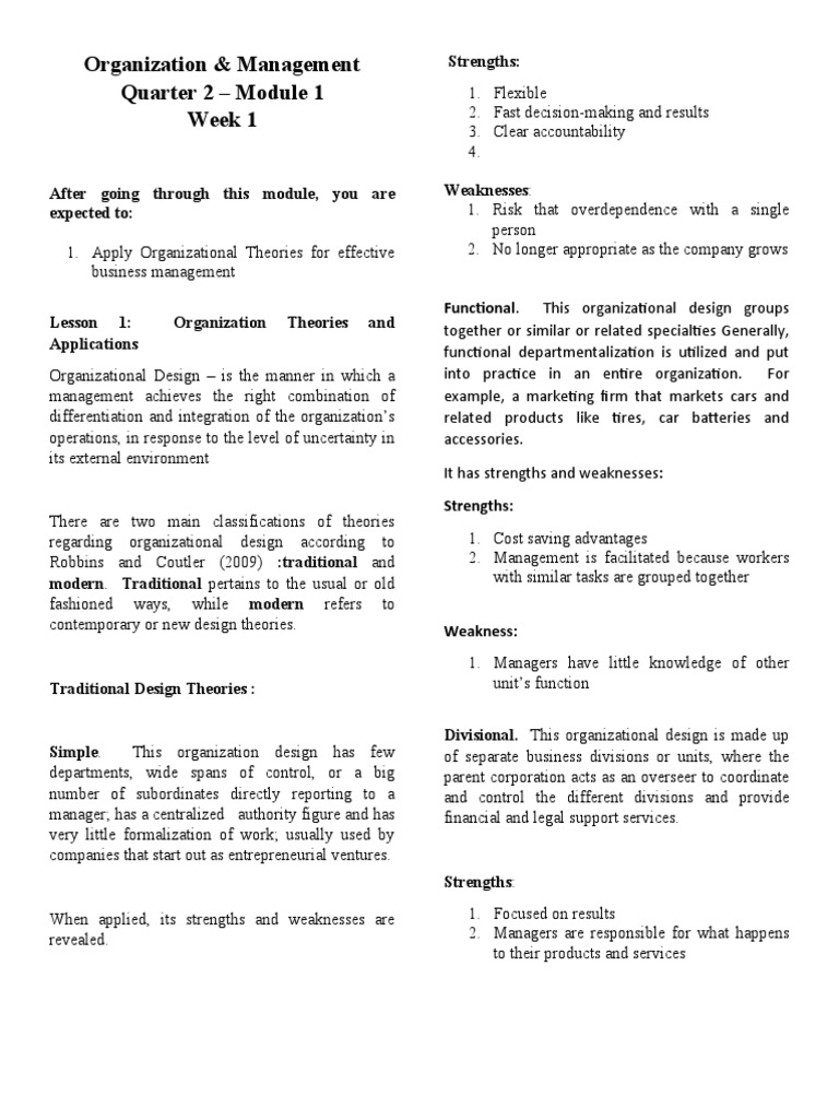 Organization & Management Quarter 2 - Module 1 Week 1 | PDF | Human ...