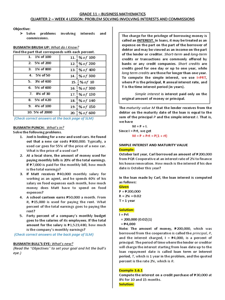 Grade 11 - Business Mathematics Quarter 2 - Week 4 Lesson: Problem ...