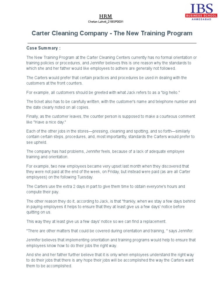 Carter Cleaning Company - The New Training Program: Case Summary | PDF ...
