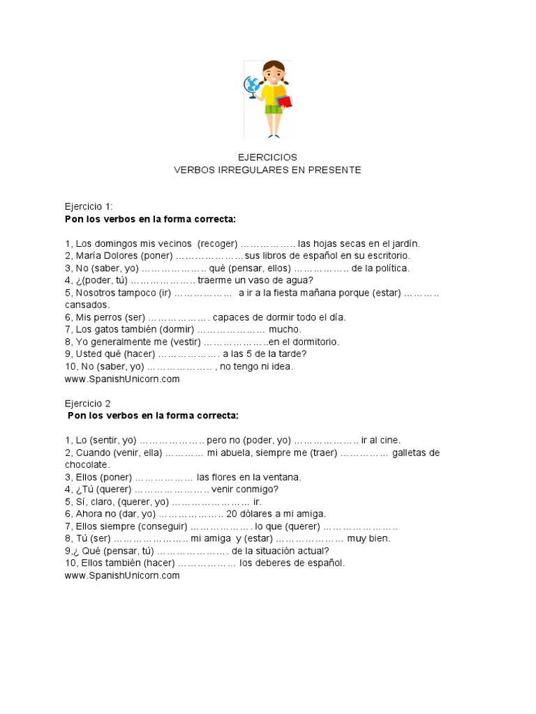 Ejercicios Con Verbos Irregulares en Presente Actividades y Juegos ...