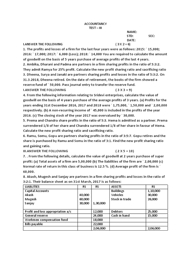 ACCOUNTANCY Test 2 | PDF | Balance Sheet | Business
