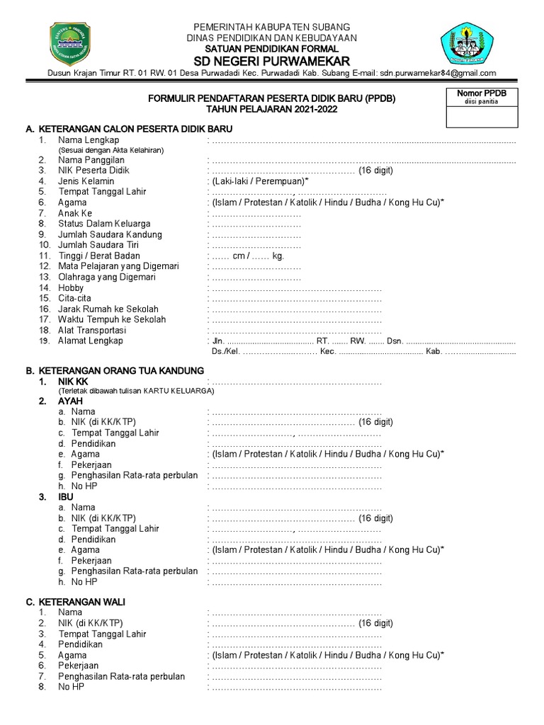 Formulir PPDB SD Negeri Purwamekar 2021 | PDF
