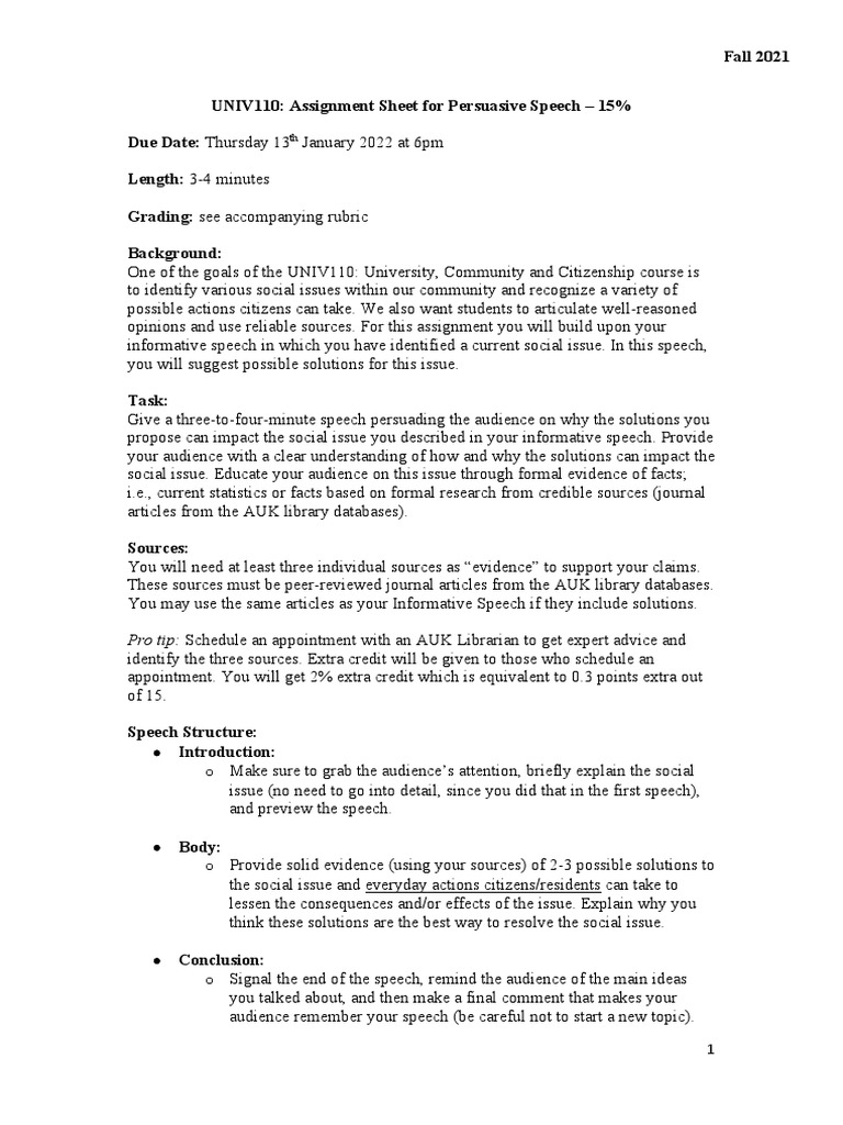 Persuasive Speech Activity Directions and Rubric - Fall 2021 | PDF ...