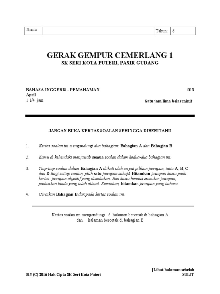 Kertas Soalan BI 013 BI Pemahaman Set 2 | PDF