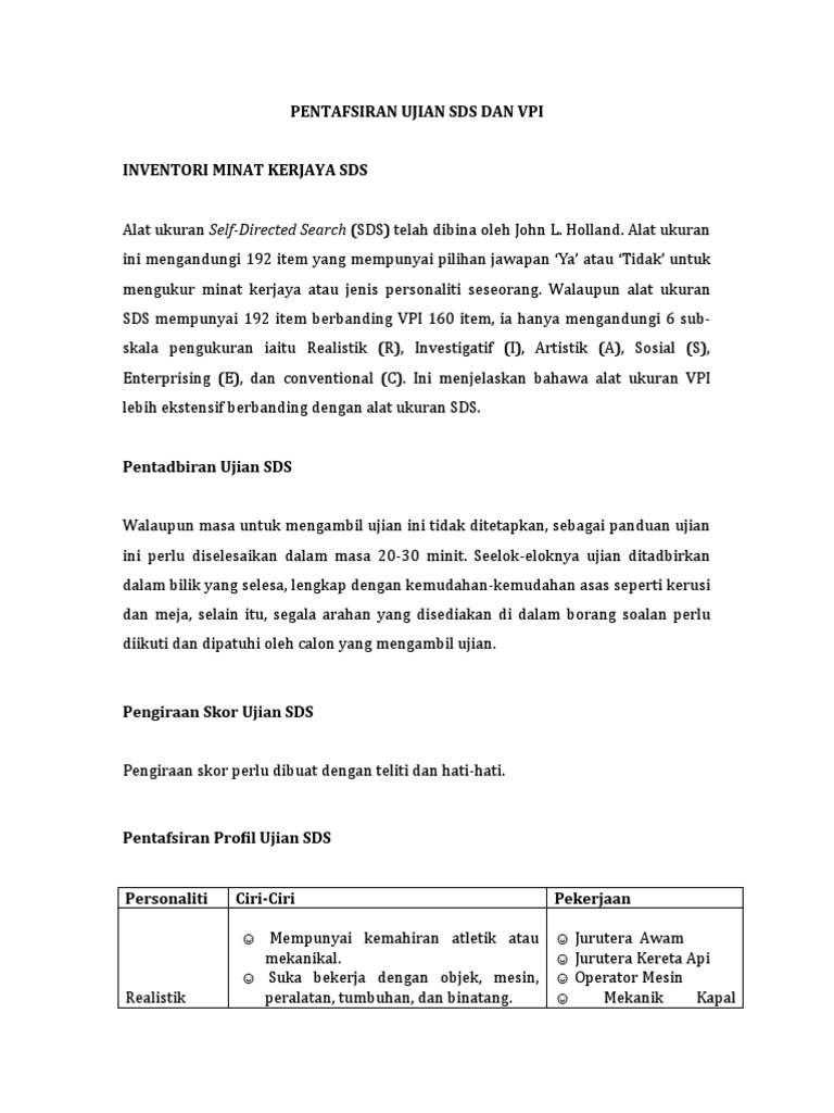 Intepretasi SDS Dan VPI | PDF