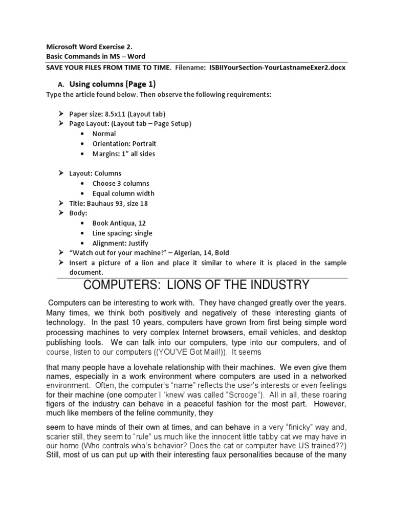 ISB 11C Word Exercise 2 Instructions ODL Covered | PDF | Page Layout ...