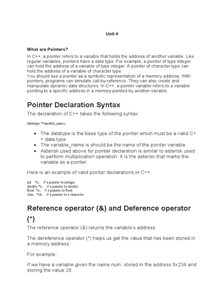 Pointer Declaration Syntax: Unit 4 | PDF | Pointer (Computer ...