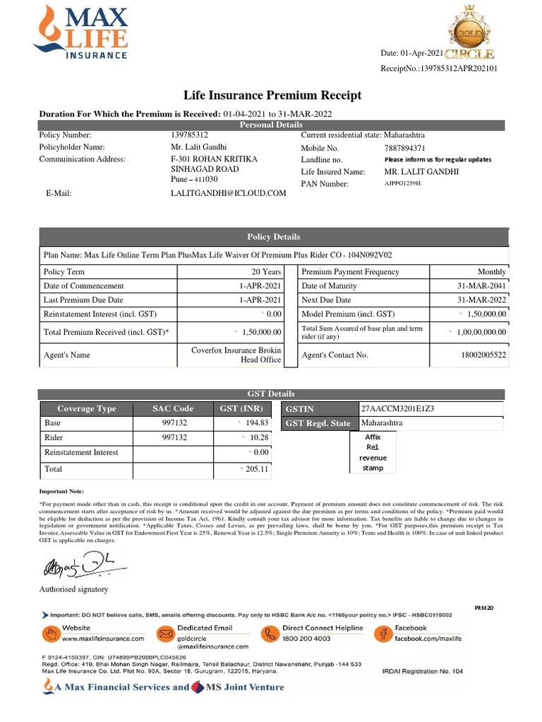 Life Insurance Premium Receipt: Personal Details | PDF | Insurance ...