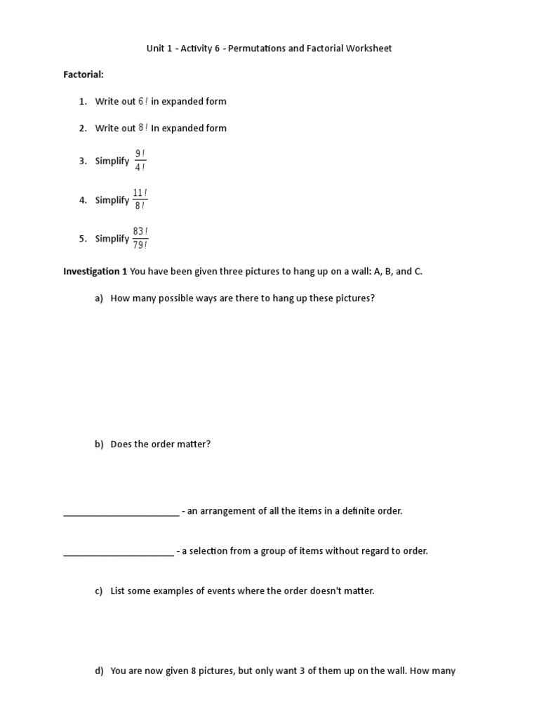 Unit 1 - Activity 6 - Permutations and Factorial Worksheet | PDF ...
